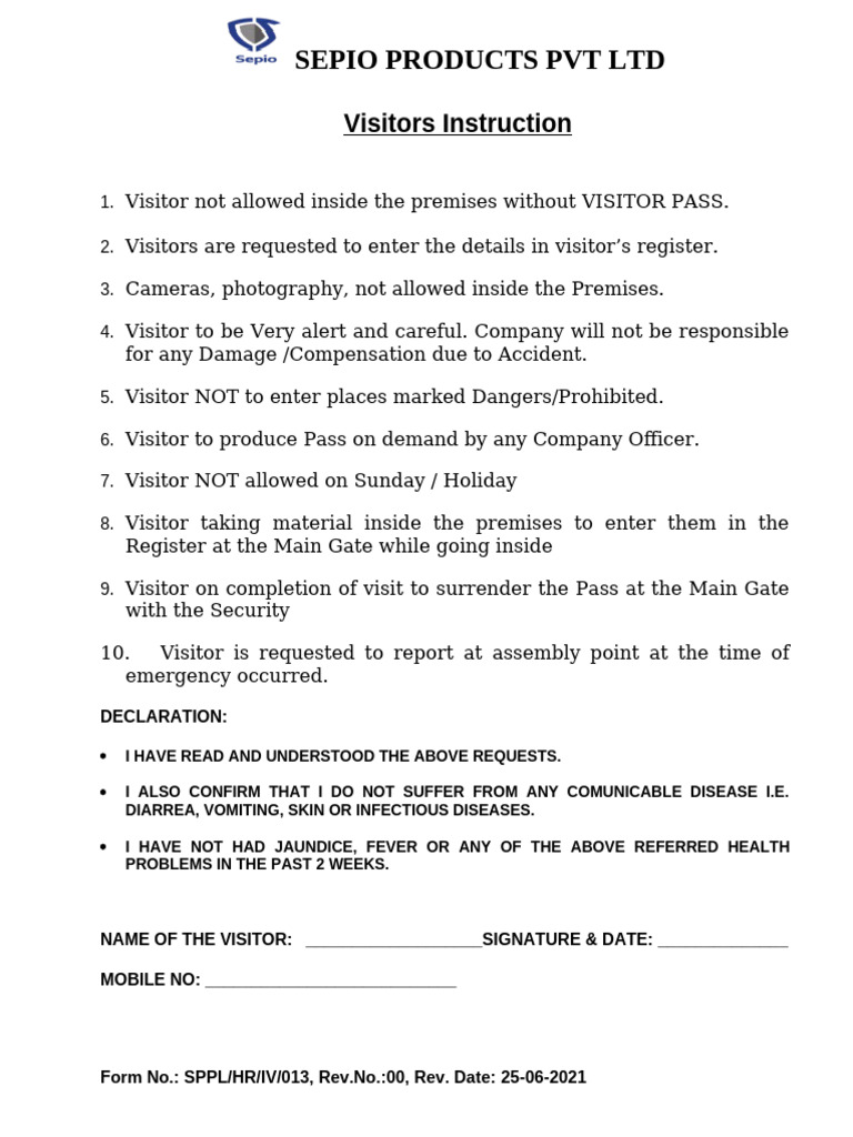 Visitor Guidelines for SEPIO Products | PDF