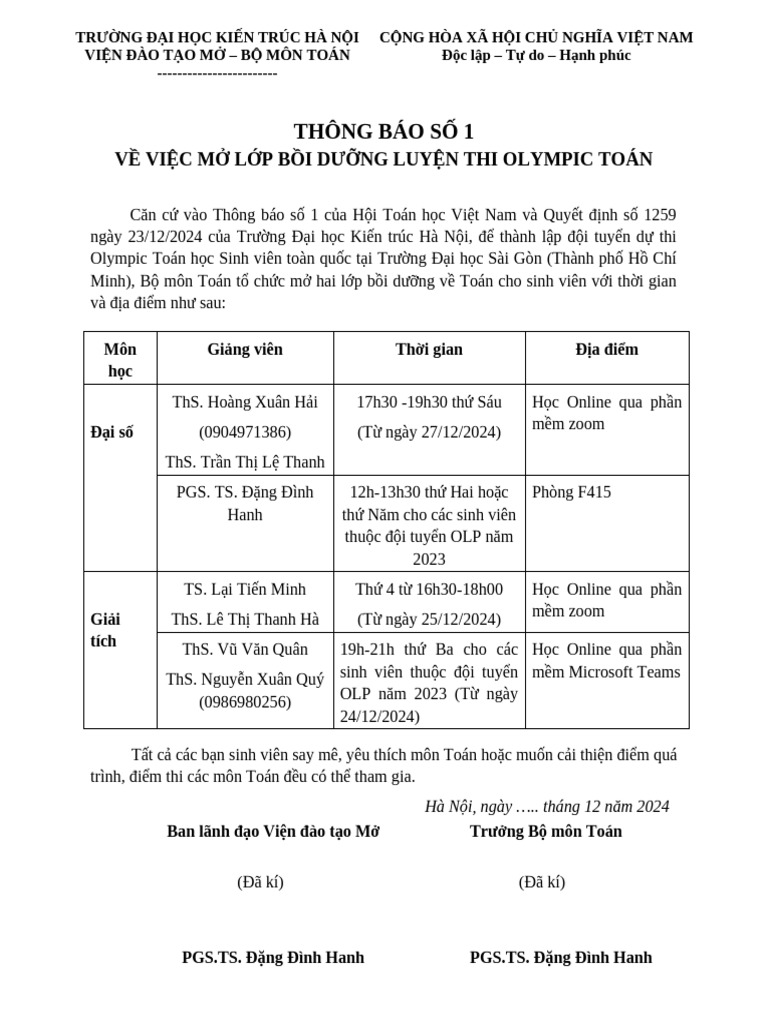 Thong Bao Luyen Thi Olympic Toan_TB SV 2024 - 2025(1) | PDF
