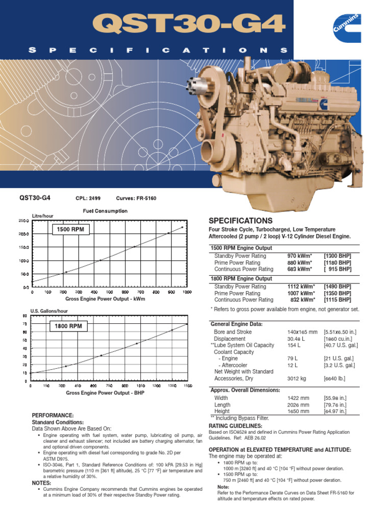 Cummins QST30-G4 Diesel Engine Specs | PDF | Engines | Horsepower
