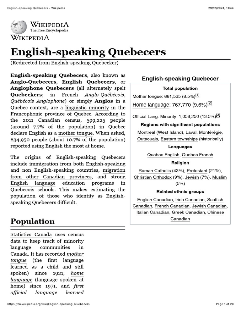 English-Speaking Quebecers Overview | PDF | Canada