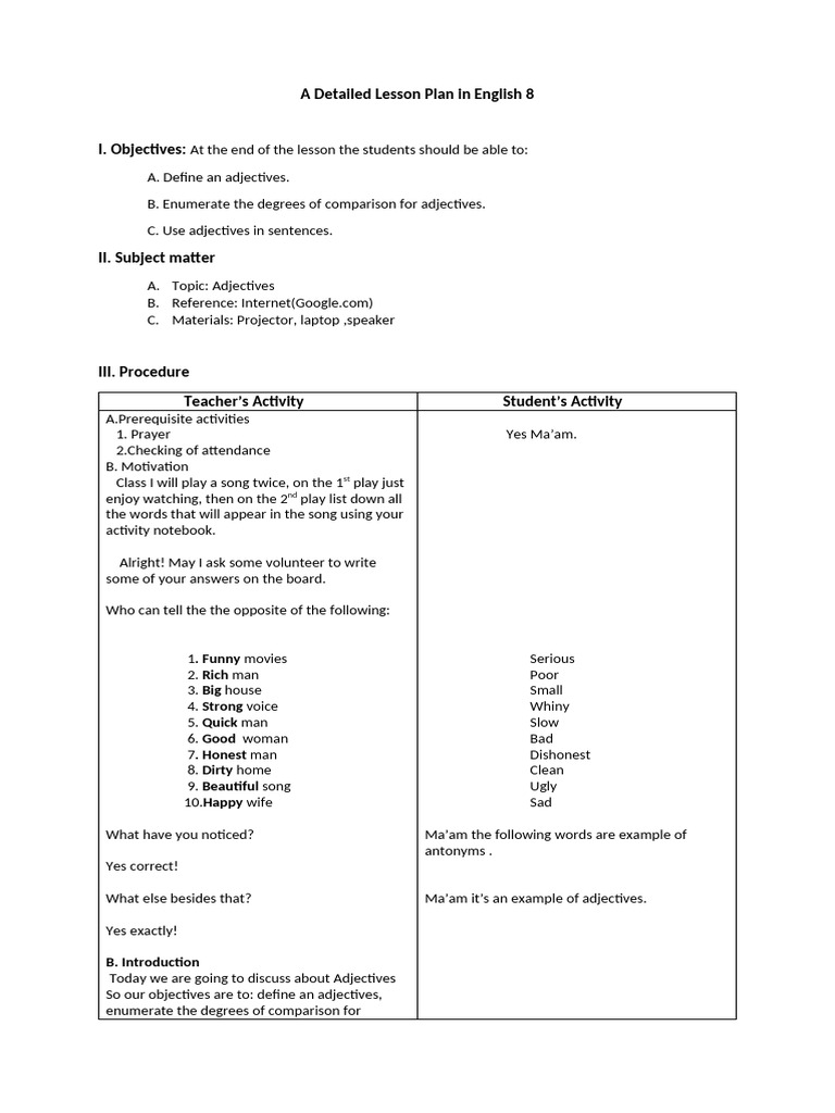 A Detailed Lesson Plan in English 8 | PDF | Adjective | English Language