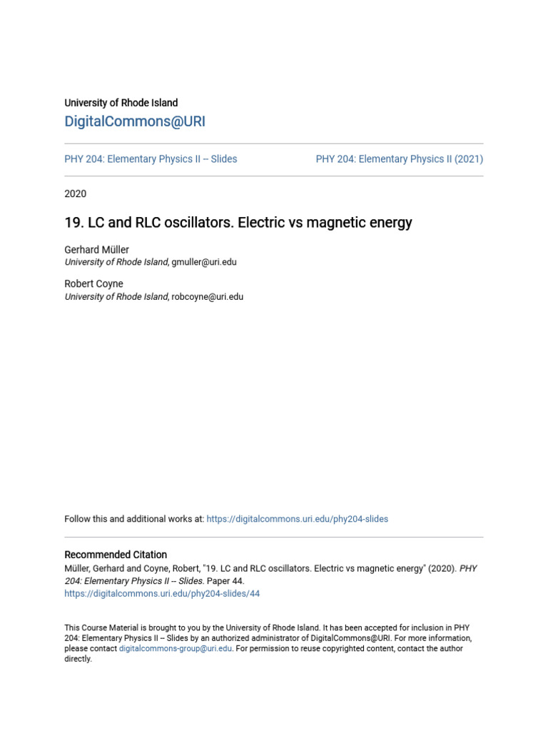 LC and RLC Oscillators. Electric Vs Magnetic Energy | PDF | Electromagnetism | Materials Science