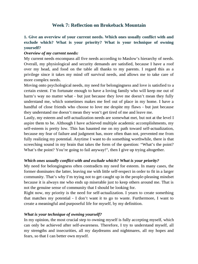 Week 7 - Reflection On Brokeback Mountain | PDF | Behavioural Sciences | Psychological Concepts