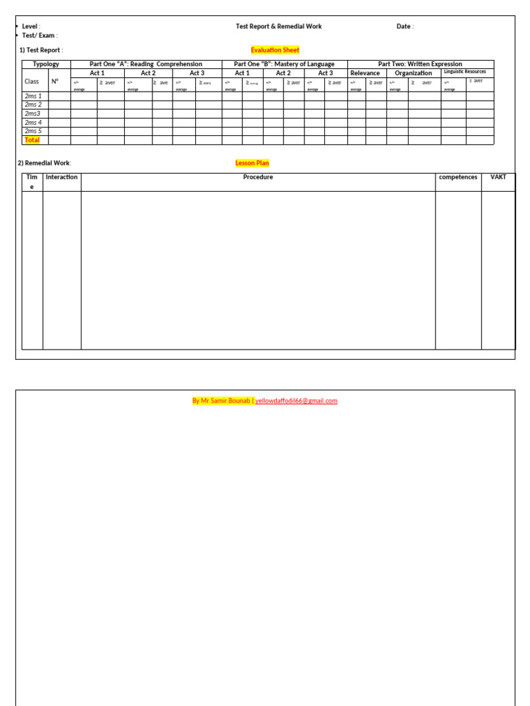 Test Report & Remedial Work Evaluation Sheet by Teacher Samir Bounab | PDF