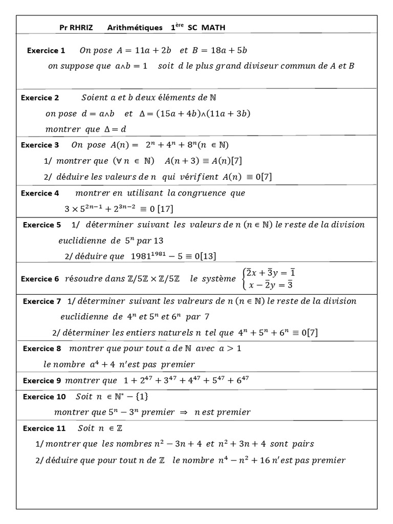 Arithmetique 1ere SC Math | PDF