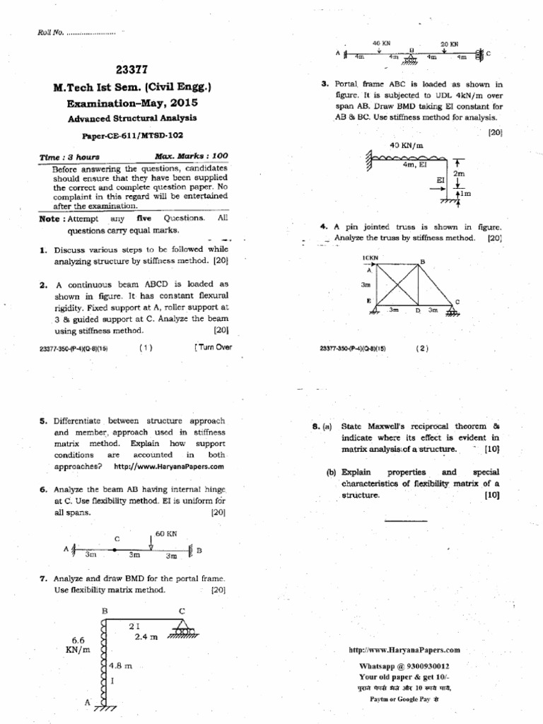 Mtech 1 Sem Ce Advanced Structural Analysis 23377 May 2015 | PDF