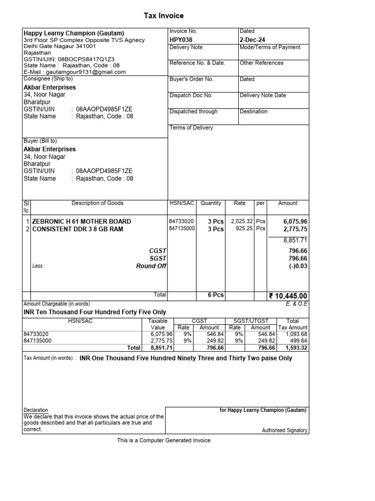 Tax Invoice for Akbar Enterprises | PDF | Invoice | Payments