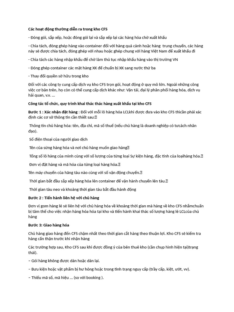 Các hoạt động thường diễn ra trong kho CFS | PDF