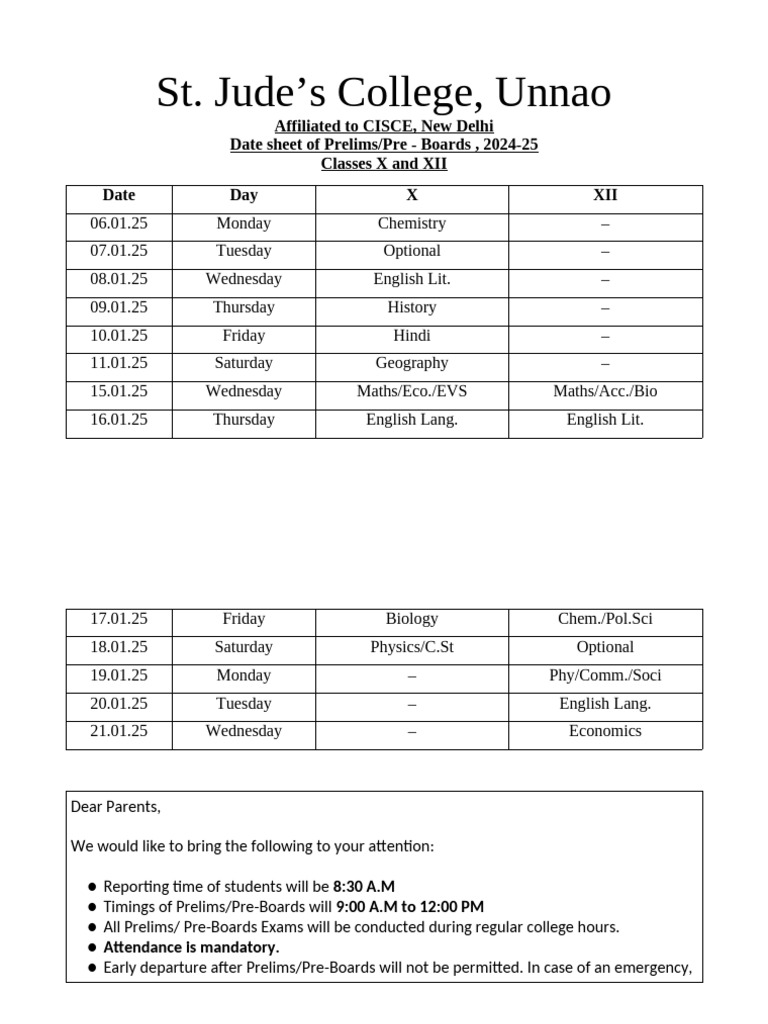 Pre-Board Schedule of X & XII (2024-25) | PDF