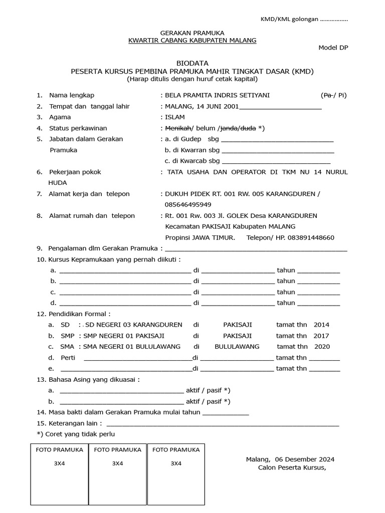 Biodata Peserta KMD | PDF