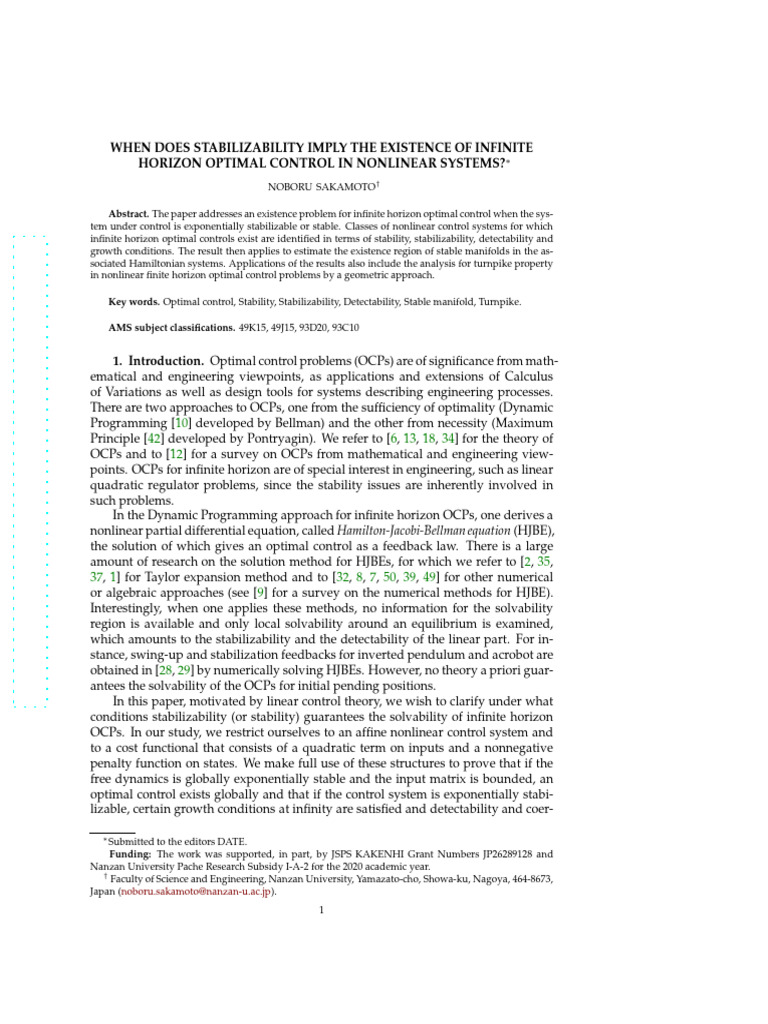 When Does Stabilizability Imply The Existence of Infinite Horizon Optimal Control in Nonlinear ...