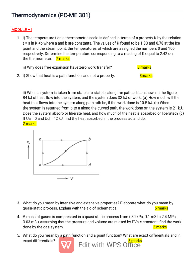 Thermodynamics (PC-ME 301) Question Bank | PDF | Heat | Temperature
