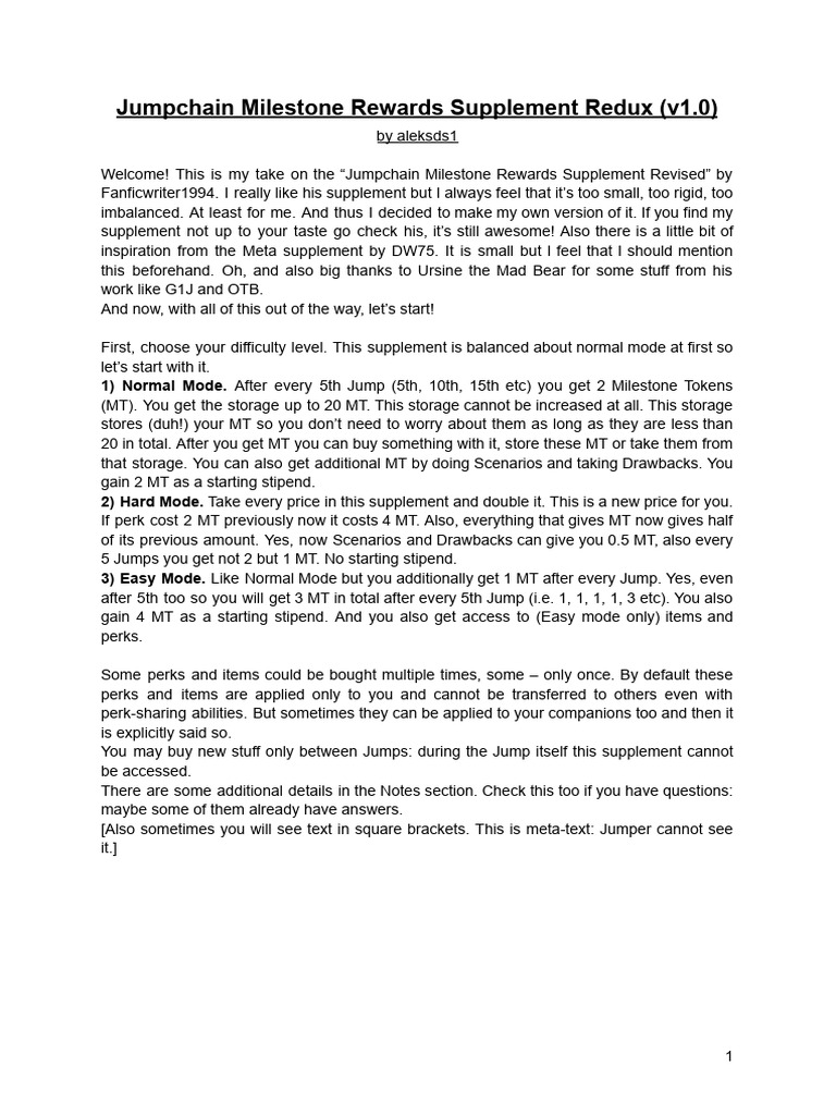 Jumpchain Milestone Rewards Redux | PDF