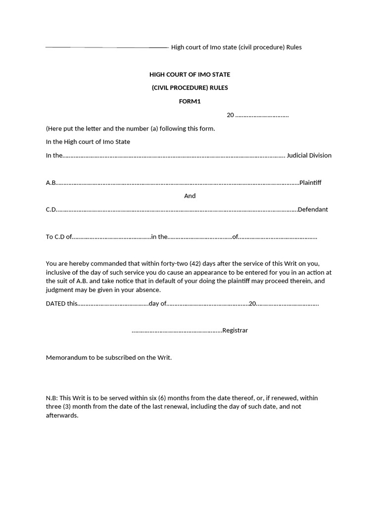Civil Procedure Rules Form1 | PDF | Lawsuit | Writ