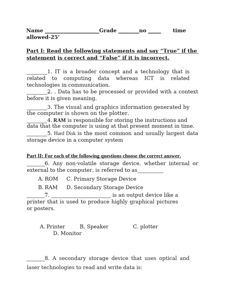 ICT Grade 7 Mid Exam | PDF