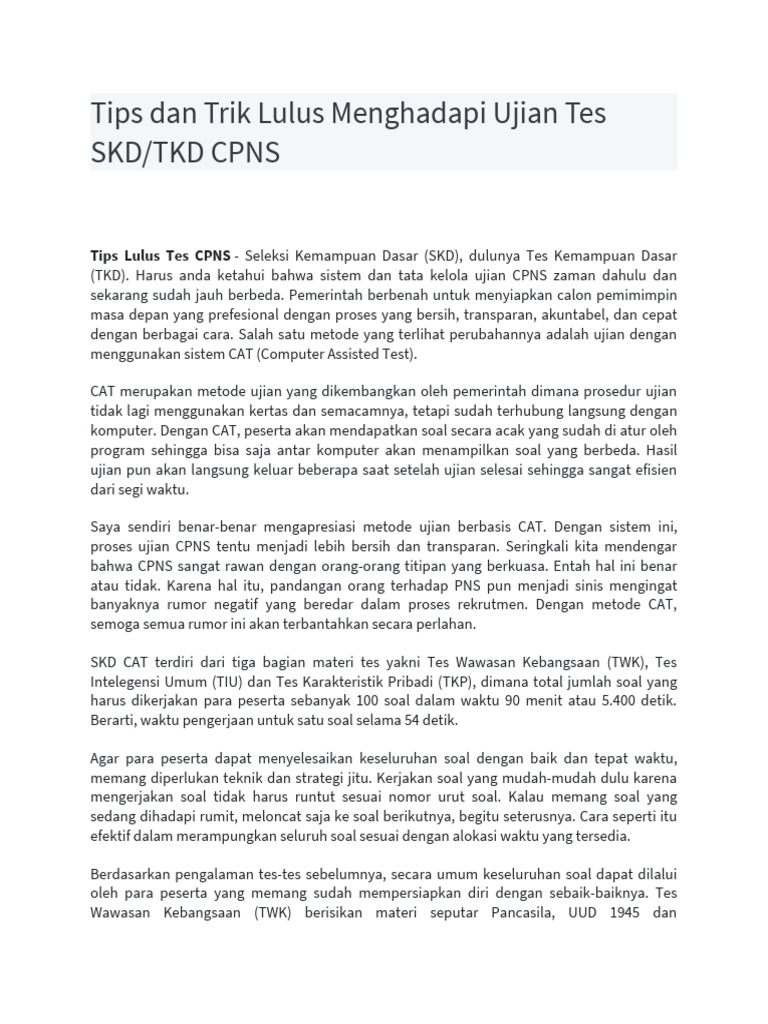 Tips Lulus Ujian CPNS dengan CAT | PDF
