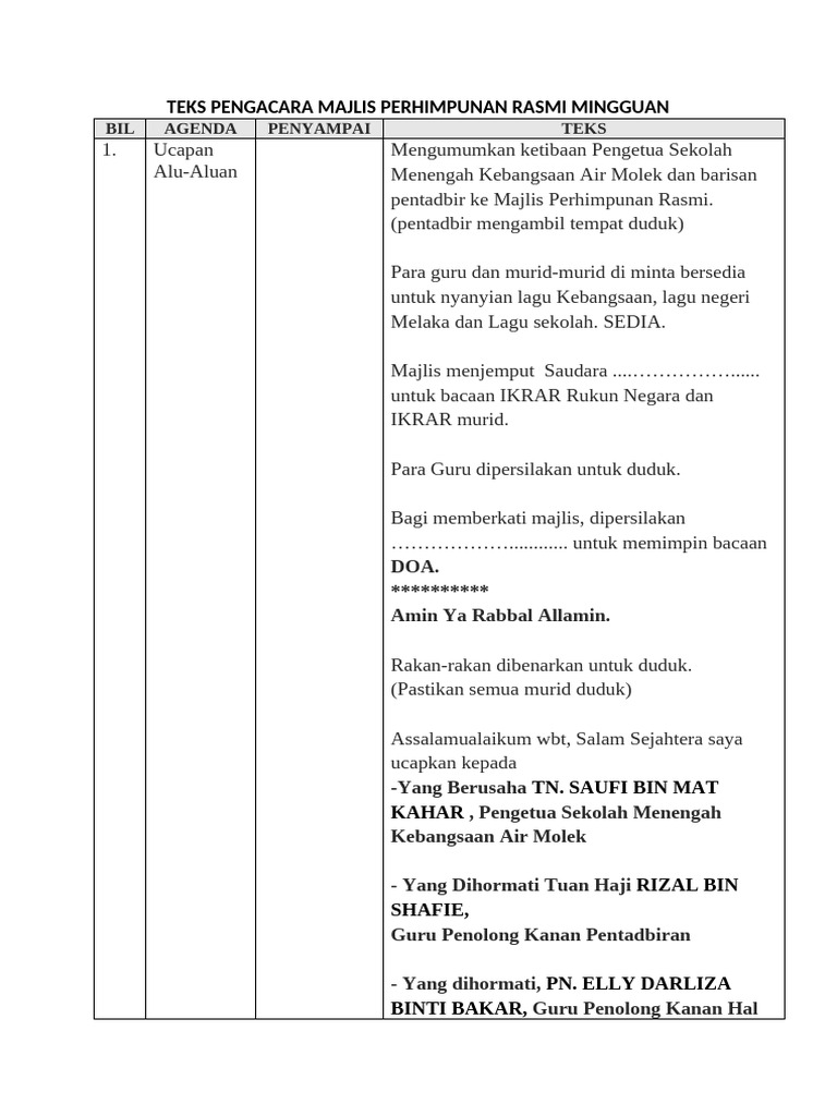 TEKS PENGACARA MAJLIS PERHIMPUNAN RASMI MINGGUAN Baharu | PDF
