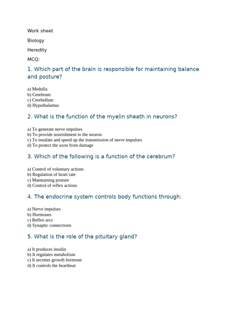 Worksheet On Heredity 1 | PDF | Hormone | Neuron