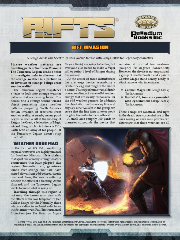 Savage Worlds - RIFTS - One Sheet - Rift Invasion | PDF