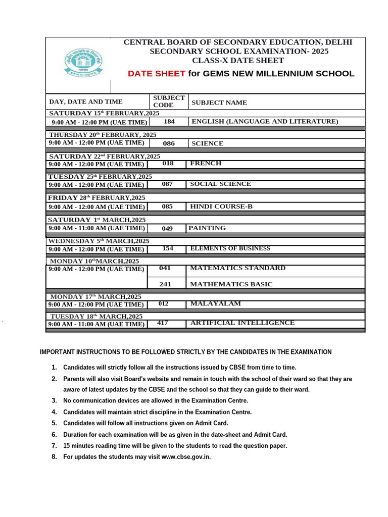 Board Examination_2024-25 _ Class-x Date Sheet_gnms | PDF