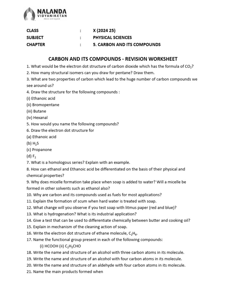 Class X_Physics_5. Carbon and Its Compounds_Worksheet 2024 25 | PDF ...