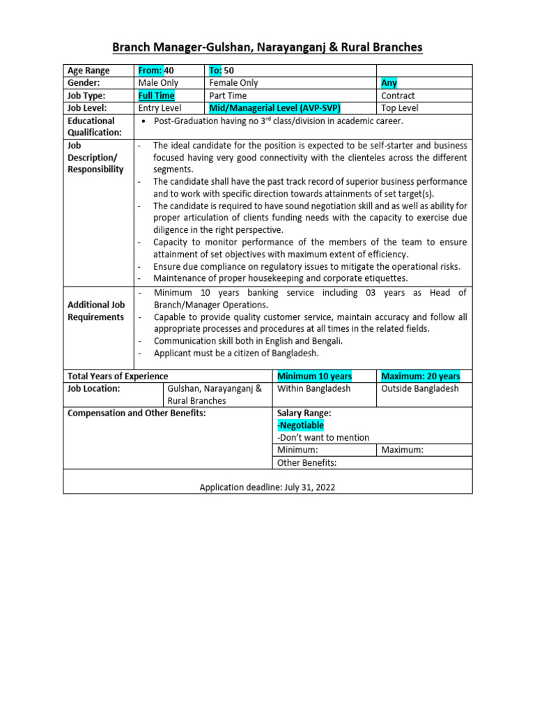 Branch Manager Job in Gulshan, Narayanganj | PDF | Economies | Business
