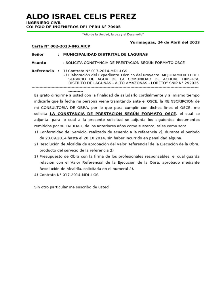 Carta #002-2023 - Solicita Constancia Segun OSCE Lagunas | PDF