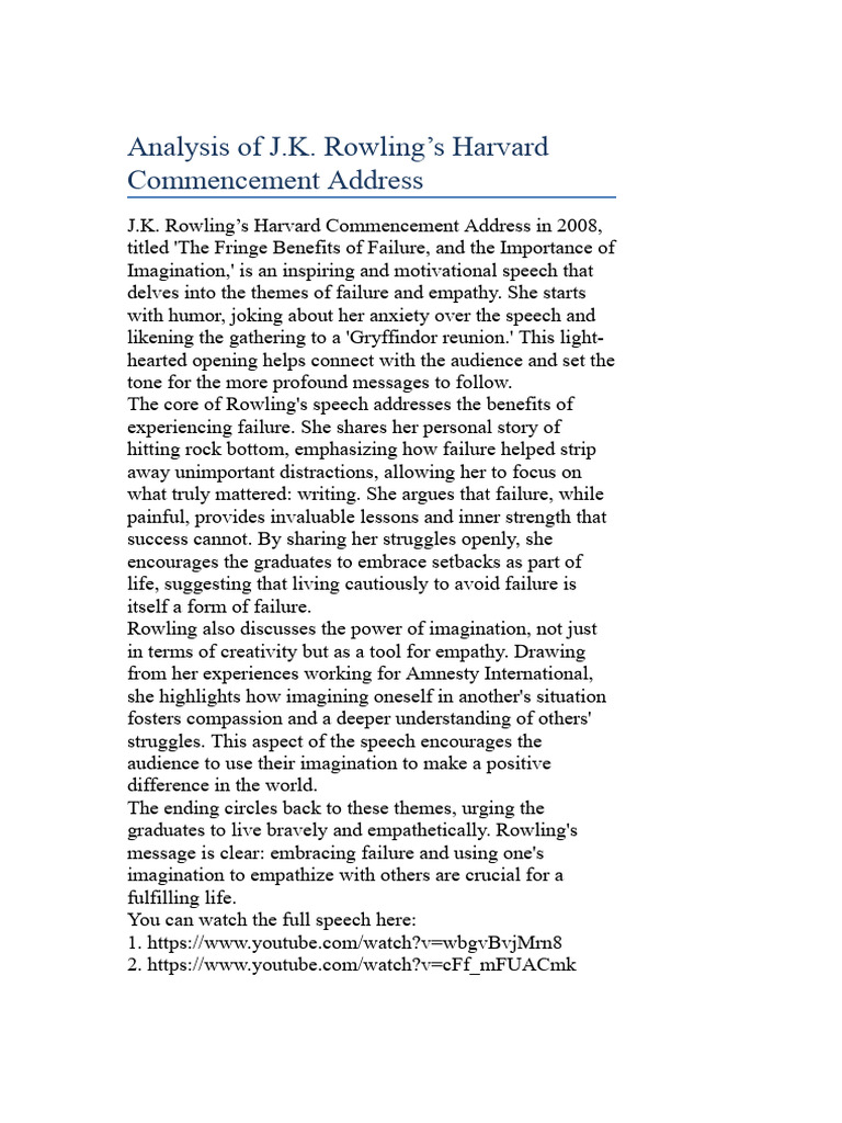 J.K. Rowling's 2008 Harvard Speech Analysis | PDF
