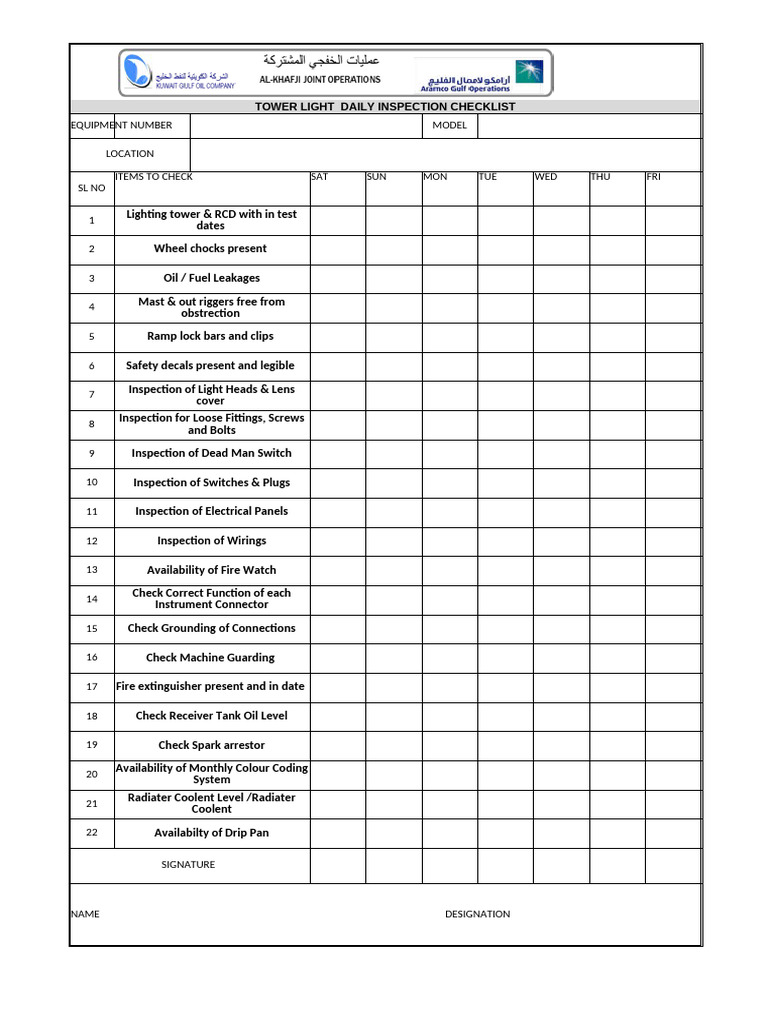 Daily Tower Light Inspection Checklist | PDF
