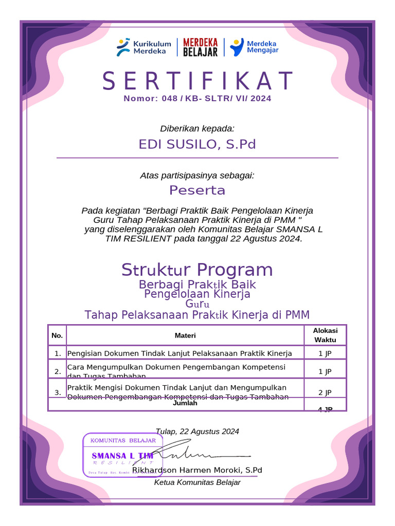 Contoh Sertifikat Peserta Berbagi Praktik Baik | PDF