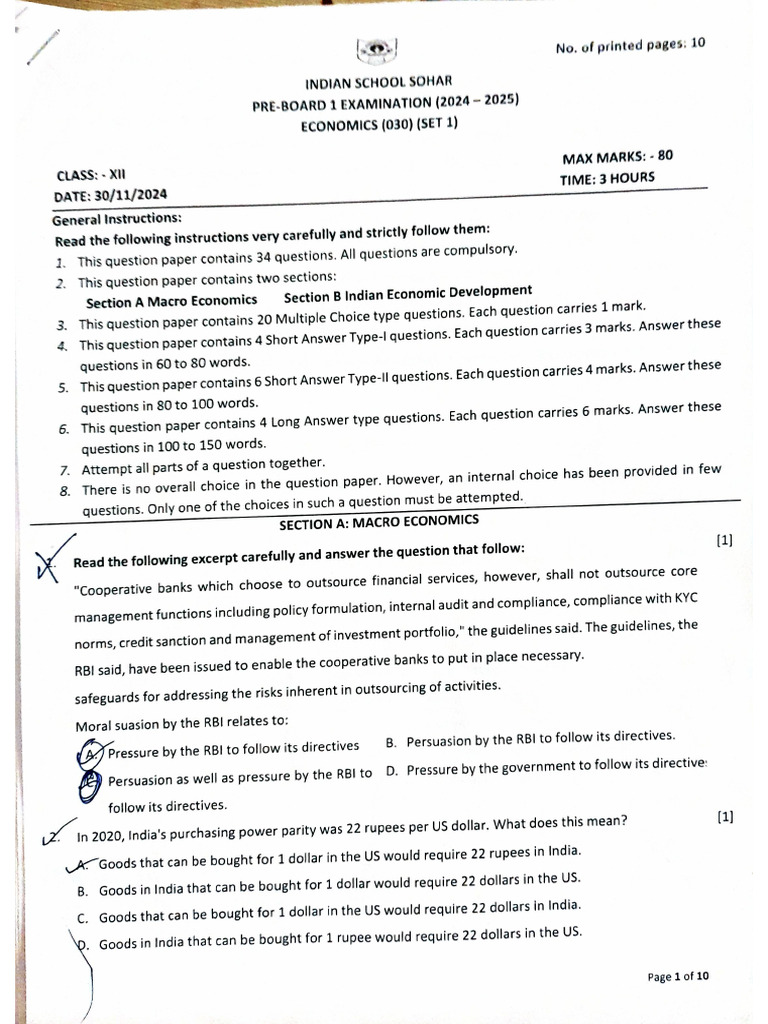 Economics Sample Question Paper Class 12 | PDF