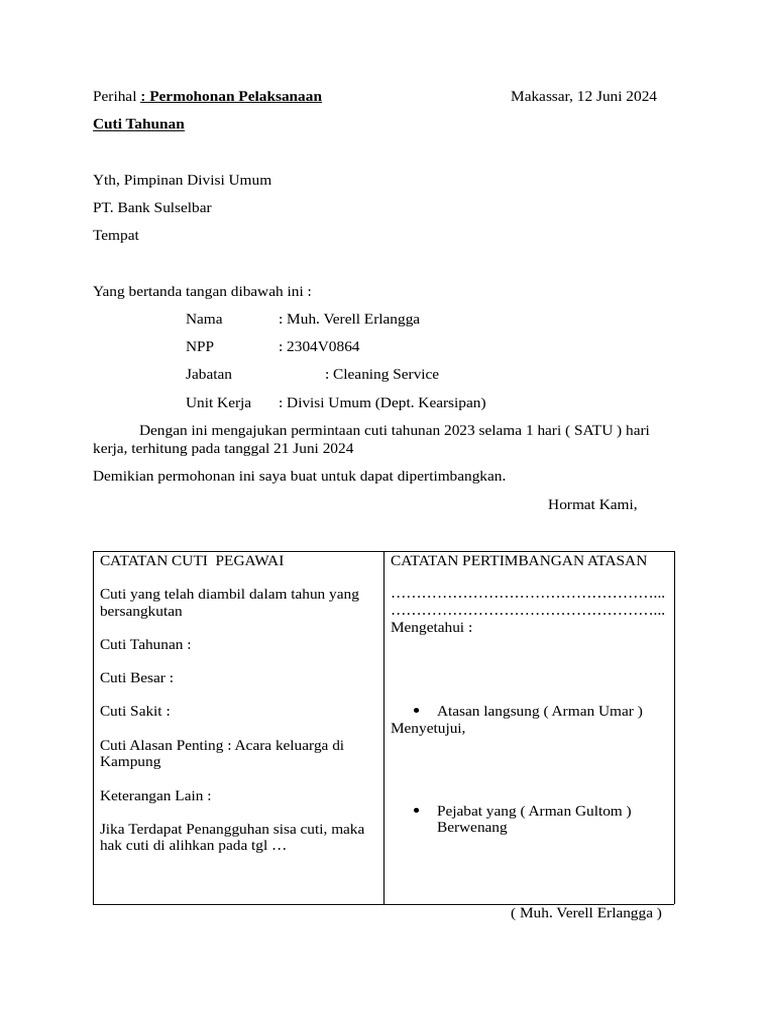 Permohonan Cuti Arman Gultom | PDF Permohonan Cuti Arman Gultom | PDF