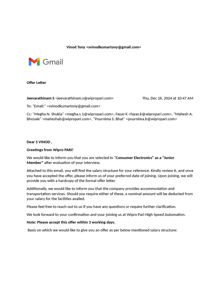 Offer Letter Wipro | PDF