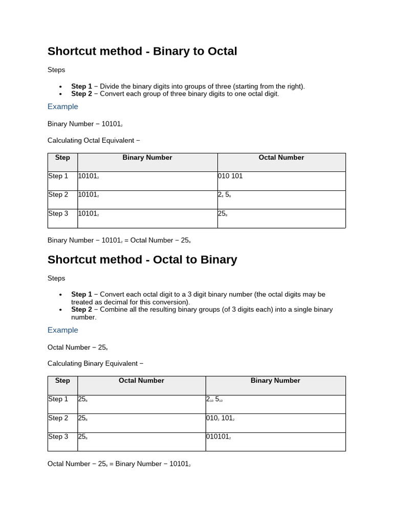 Shortcut Method - Binary To Octal: Example | PDF | Binary Coded Decimal ...