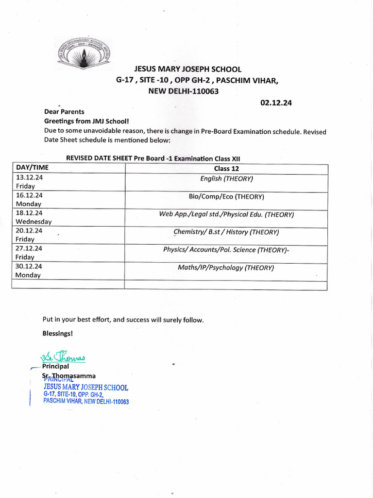 Revised Pre-Board Exam Schedule 2024 | PDF