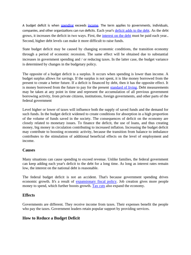 A Budget Deficit Is When Spending Exceeds Income | PDF | Government ...