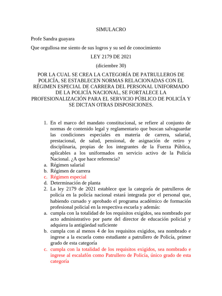 LLLLL SIMULACRO Ley 2179 de 2021 Profe Sandra | PDF | Policía | Castigos