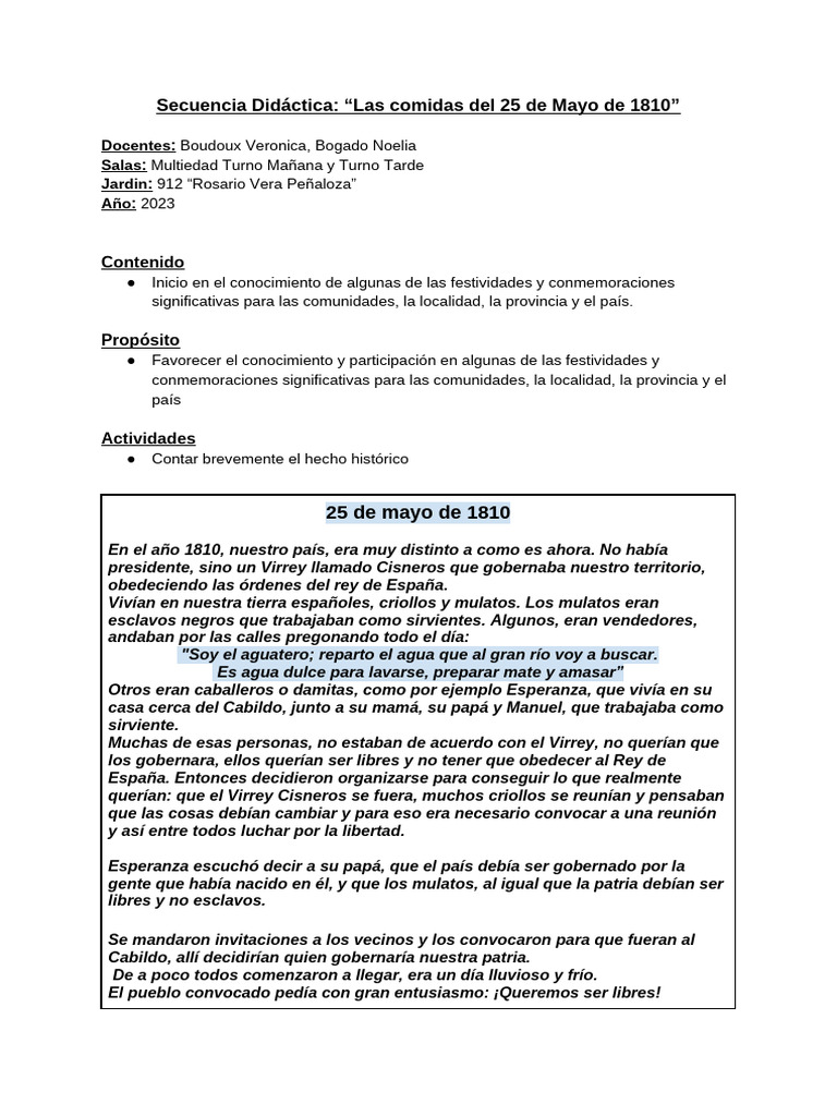 Secuencia Didáctica Las Comidas Del 25 De Mayo De 1810 Pdf