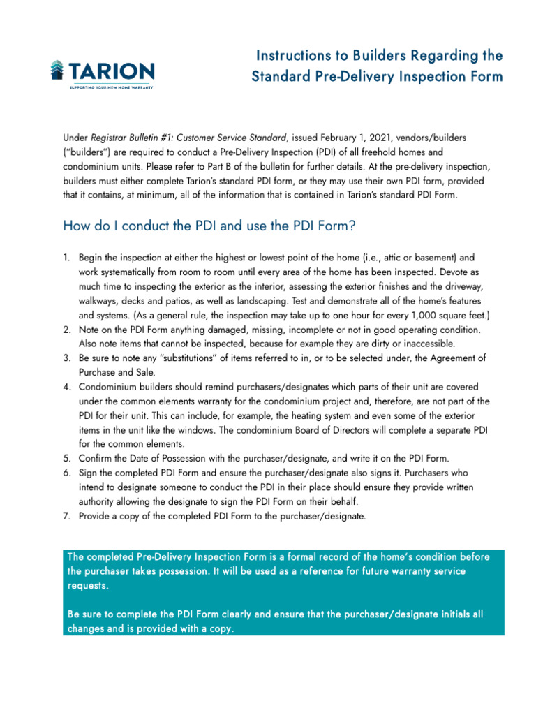 Pre Delivery Inspection Form 2021 01 19 - 0 | PDF | Bathroom | Building ...