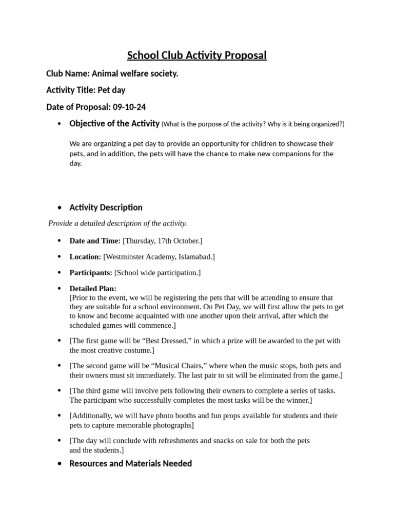 School Club Activity Proposal | PDF | Pet | Risk