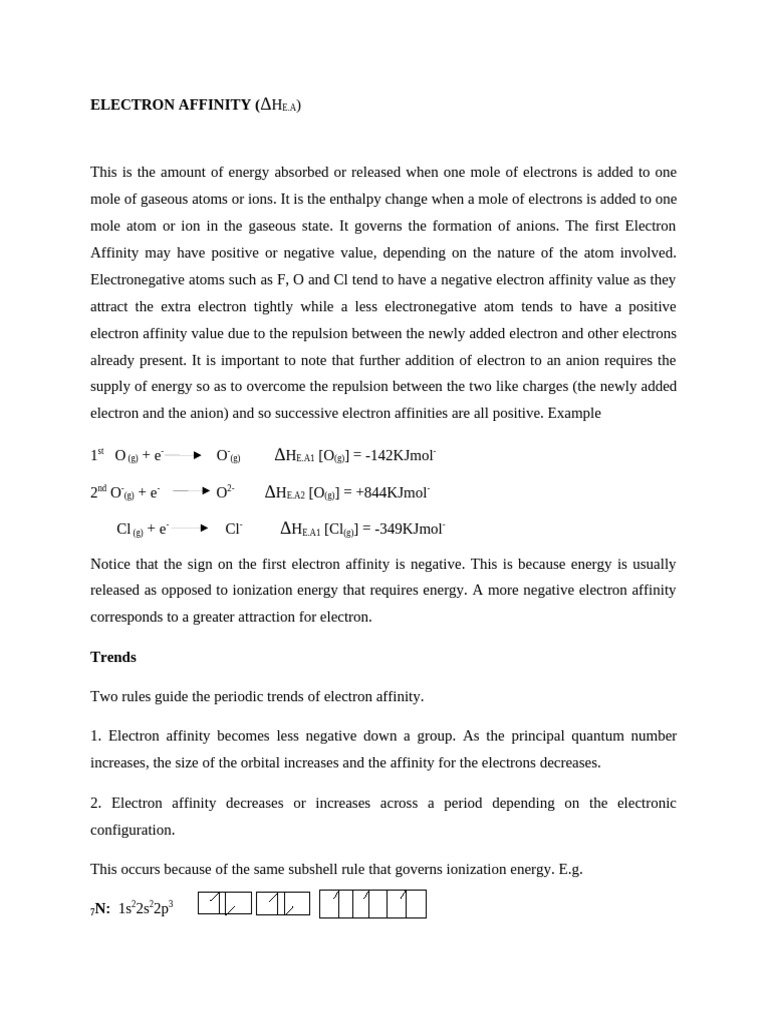 Che 223 Electron Affinity | PDF | Chemical Bond | Ion