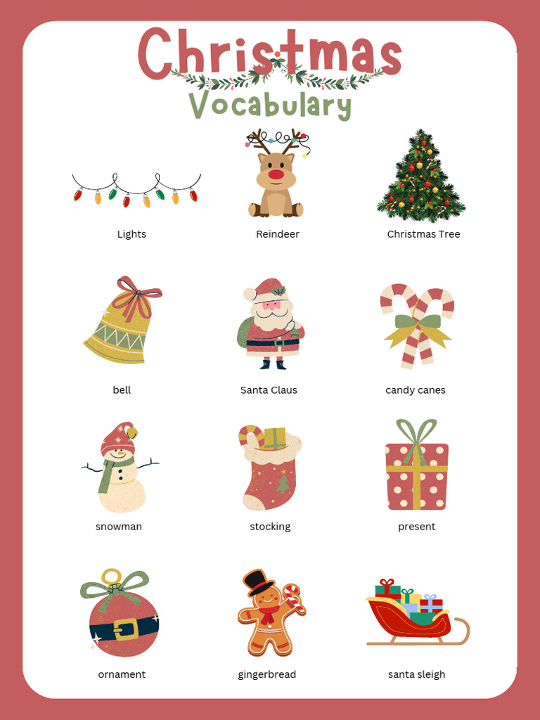 Christmas Vocabulary Worksheet in Red White Festive Style | PDF