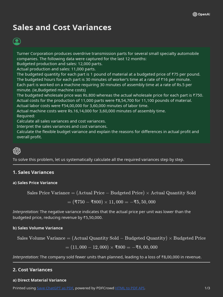 Sales and Cost Variances | PDF | Profit (Economics) | Prices