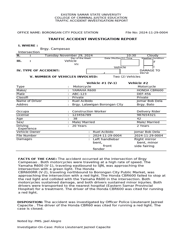 Traffic Accident Investigation Report Form | PDF | Motorcycle | Traffic ...