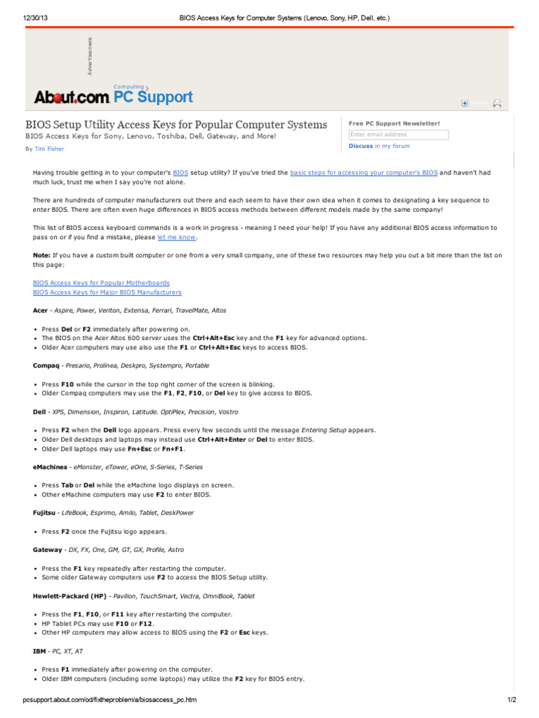 BIOS Access Keys For Computer Systems (Lenovo, Sony, HP, Dell, Etc ...