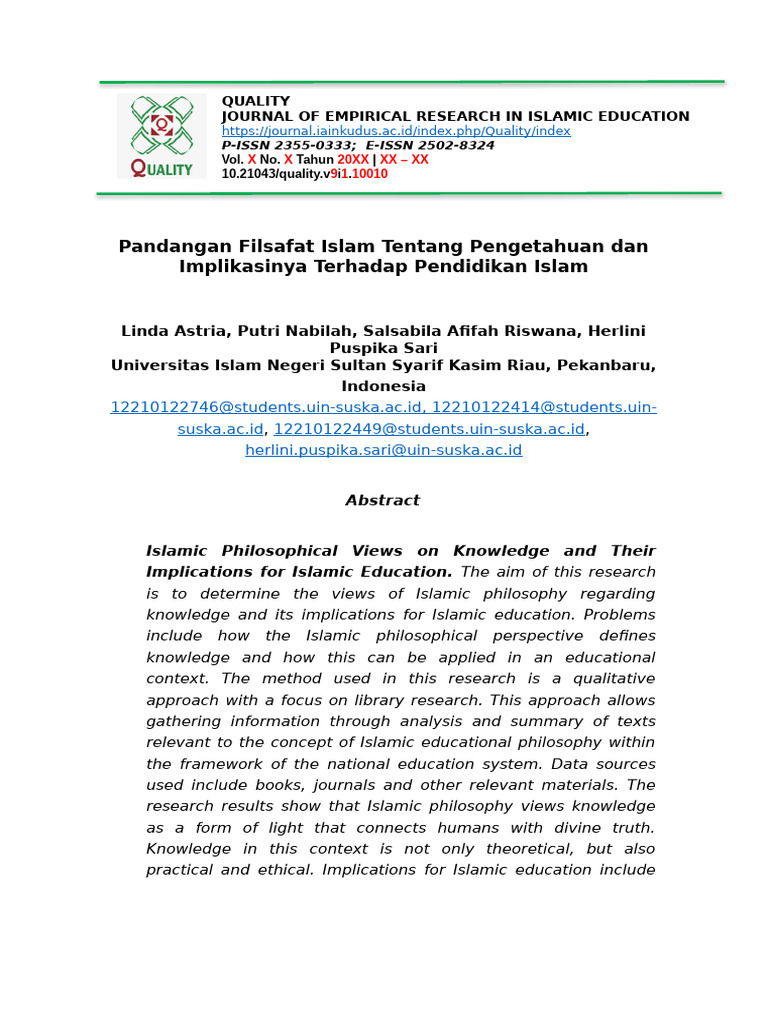 Filsafat Pendidikan Islam (Kelompok 10), Jurnal Quality Kiw | PDF