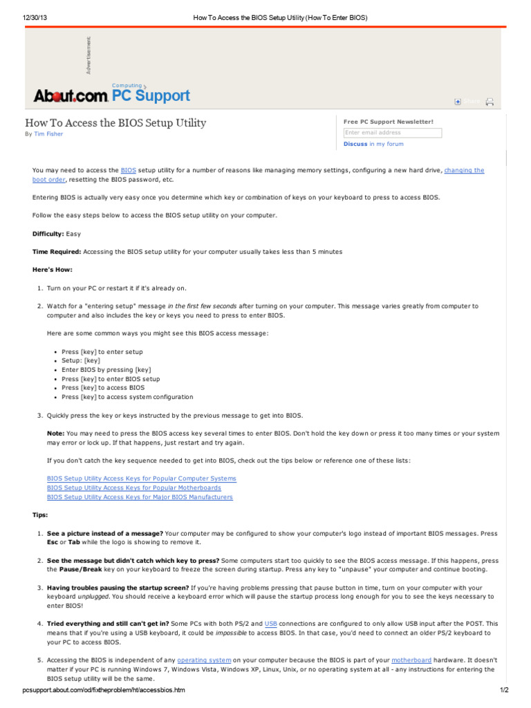 How To Access The BIOS Setup Utility (How To Enter BIOS) | PDF | Bios ...