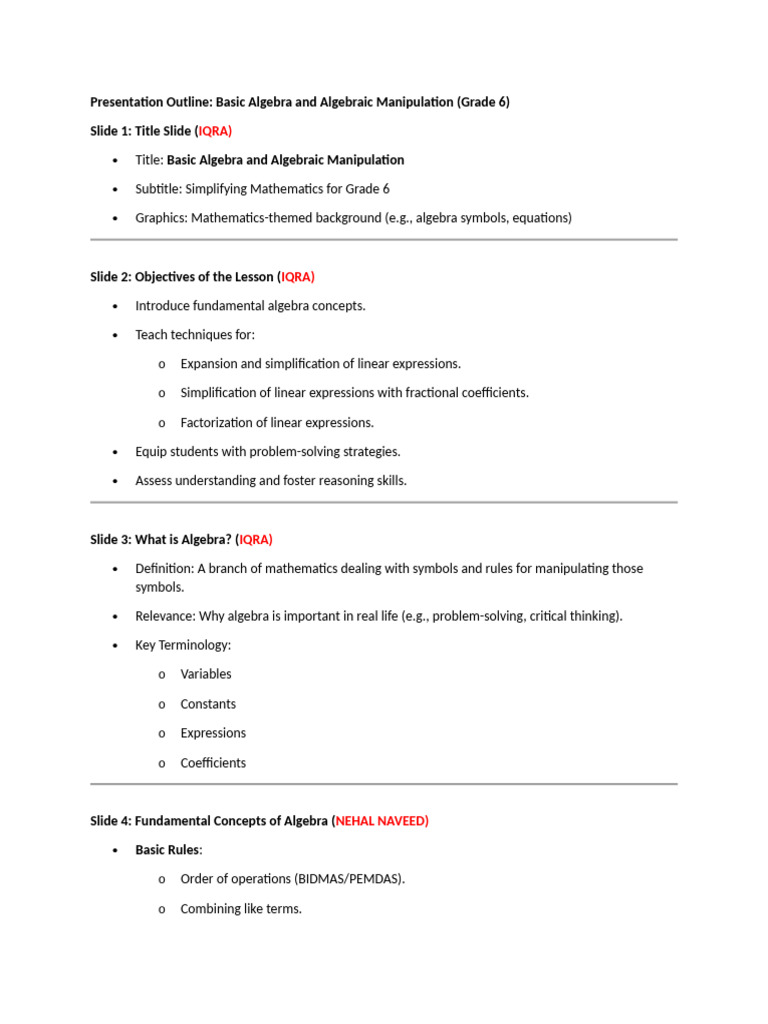 MATHS Presentation Outline | PDF | Algebra | Mathematics