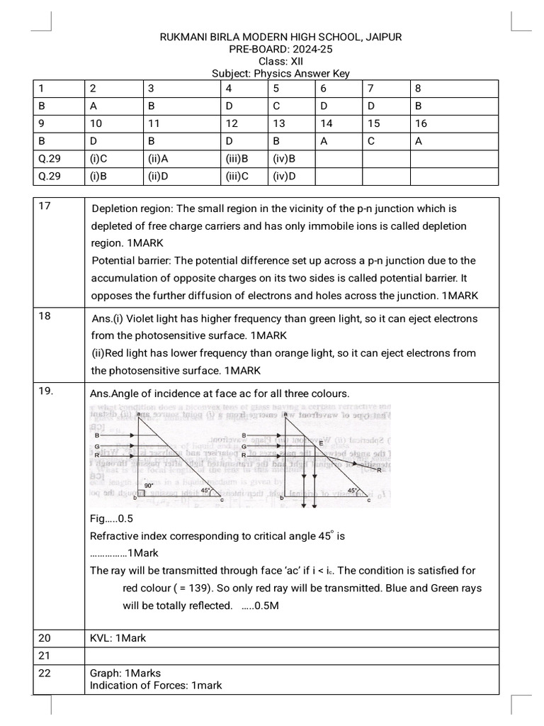 Answer Key XII Phy Paper PB 2024-25 | PDF | P–N Junction | Applied And ...