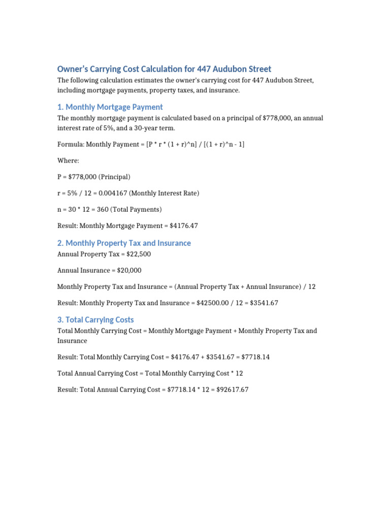 Carrying Cost Calculation 447 Audubon | PDF